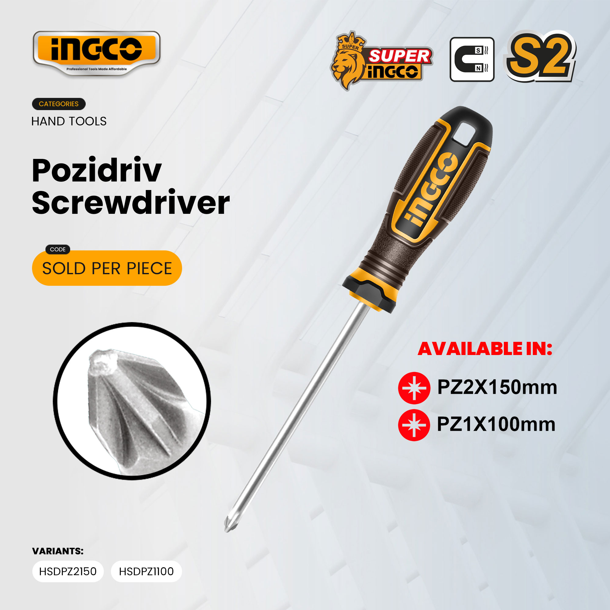 Ingco 100/150mm Magnetic Pozidriv Screwdriver Cross Head Pozidrive ...