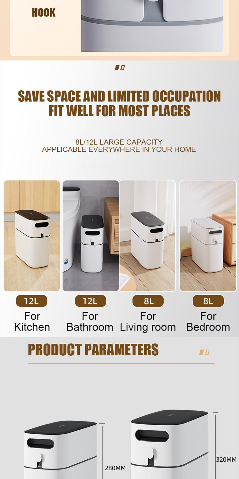 Ecoco Narrow Trash Bin with Cover Aesthetic 8L 12L Trash Can with Trasg ...