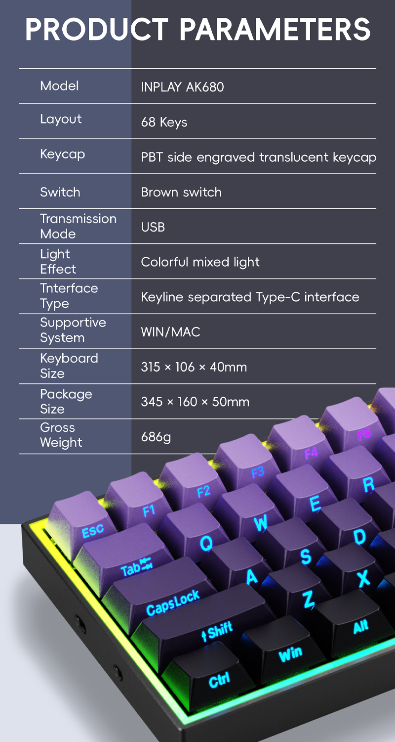 Inplay AK680 Gradient Mechanical Keyboard Side-Printed Keycaps Brown ...
