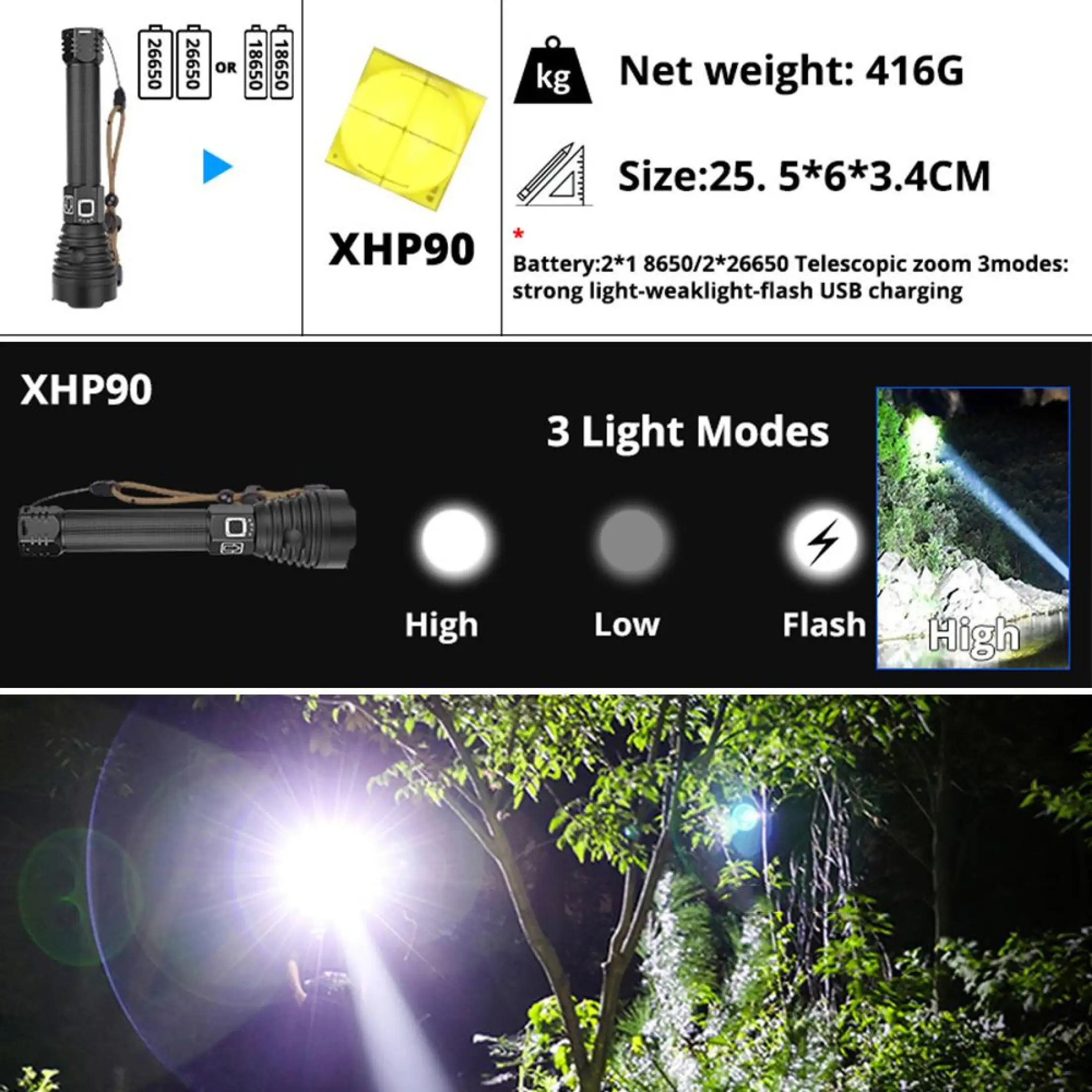Super Bright Zoom LED Flashlight Rechargeable Waterproof Outdoor Heavy ...