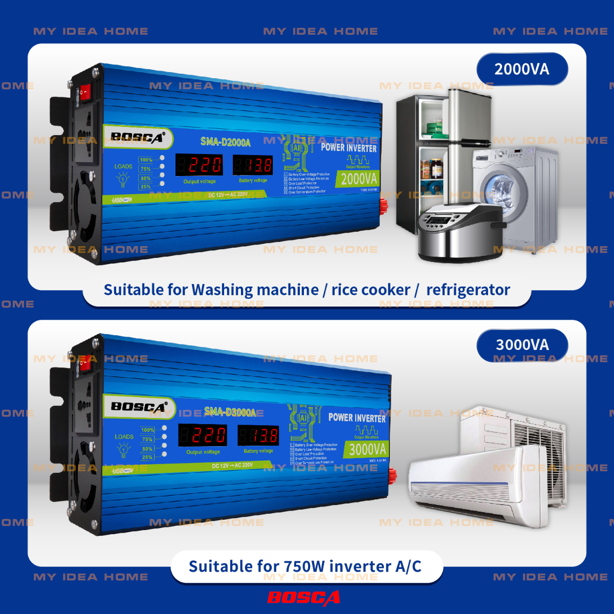 BOSCA Solar Power Inverter 1500W 2000W & 3000W DC12V To AC 220-230V W ...