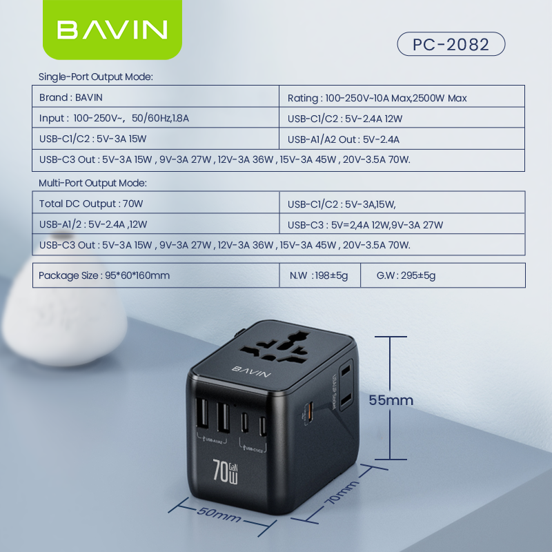 BAVIN PC2082 70W GaN Multi-Functional Charging Adapter & Universal Plug ...