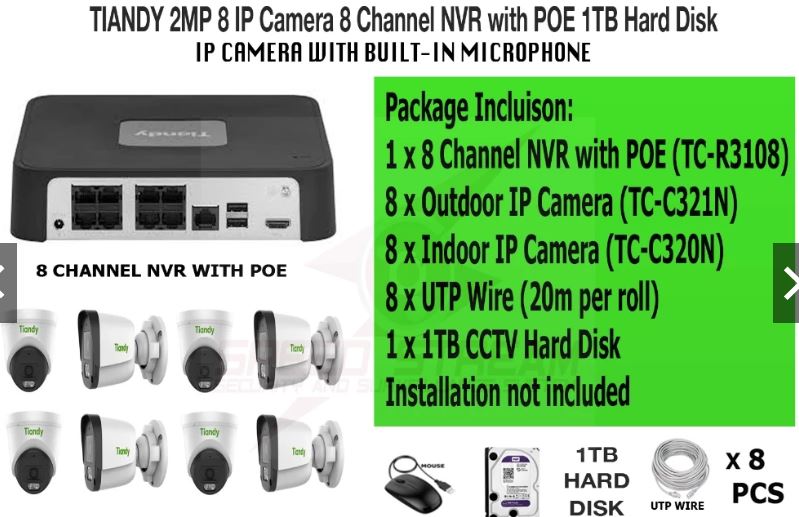 TIANDY 2MP CCTV 4 IP Camera with Microphone 4 channel NVR with POE NO ...