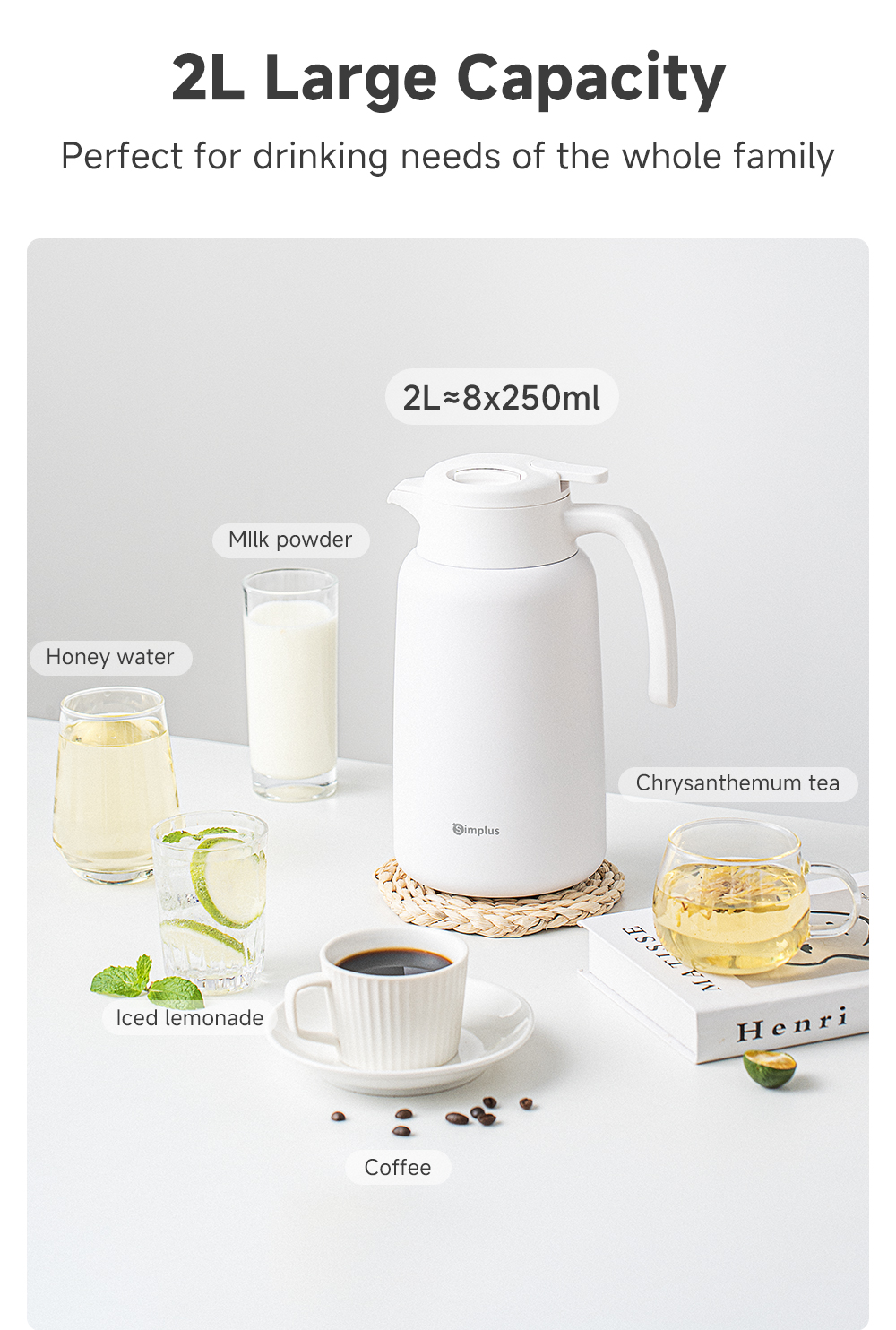 Simplus Thermal Insulation Kettle Stainless Steel Interior 2L Capacity 48h Heat Retention Jug ...