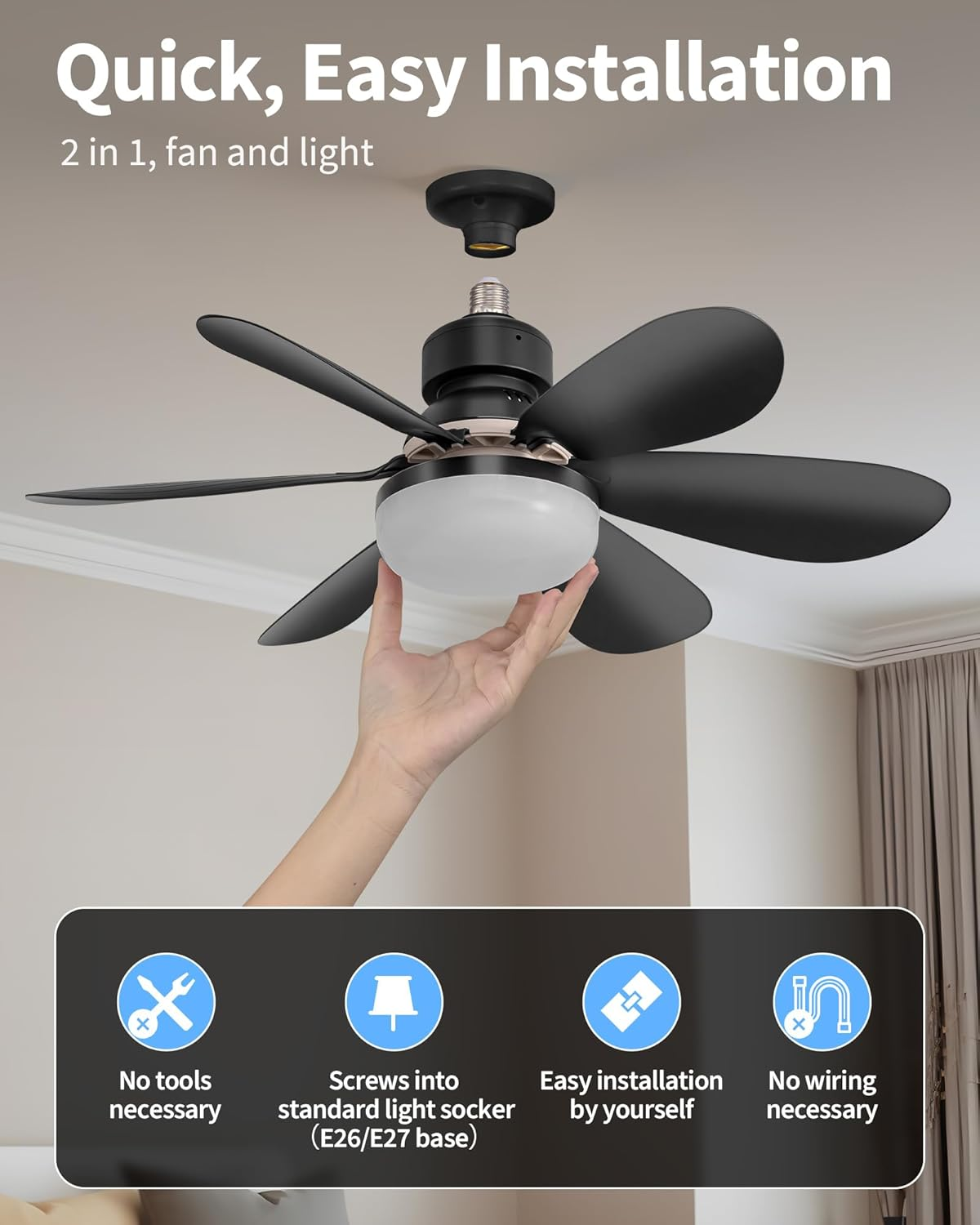 Y·S·SYaSheng quiet Black Ceiling Fan Lights With Remote E27 Tri-color ...
