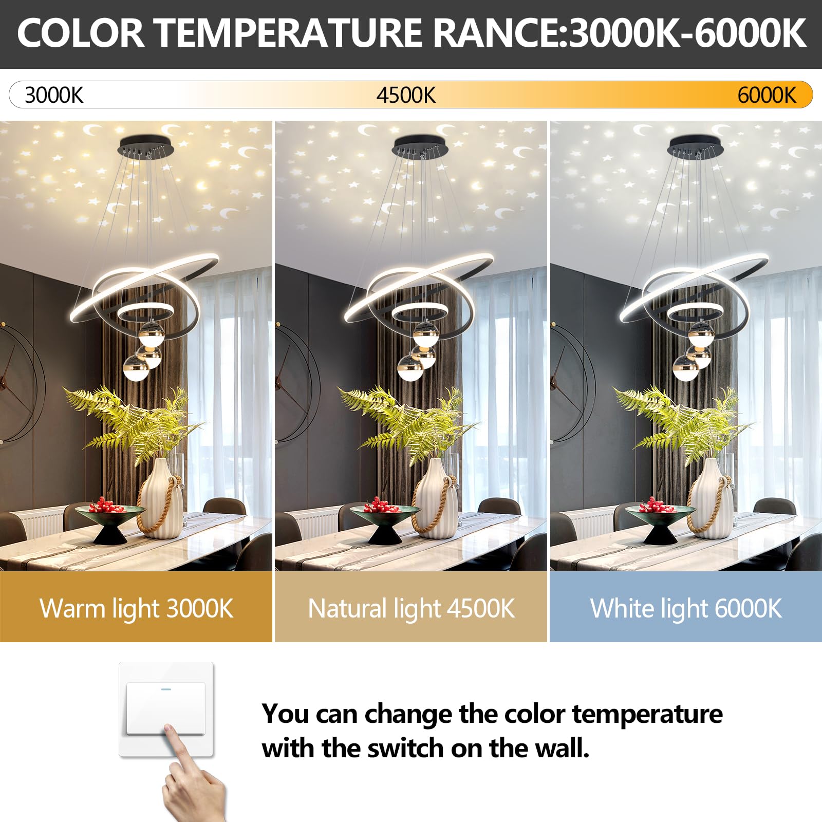 LED Chandelier three-head Tri Color Projection Pendant Light Bedroom ...