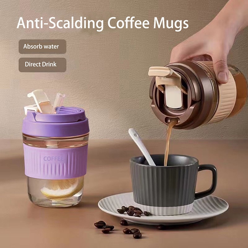 400/450/550ML Glass Travel Coffee Mug Reusable Dual Drinking Bottles With Lid And Straw Water ...