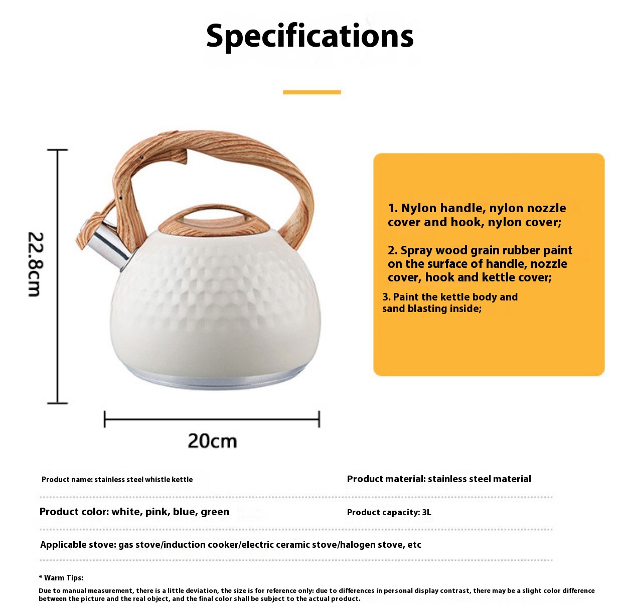 Gas/induction cooker universal white 3L stainless steel whistle kettle ...