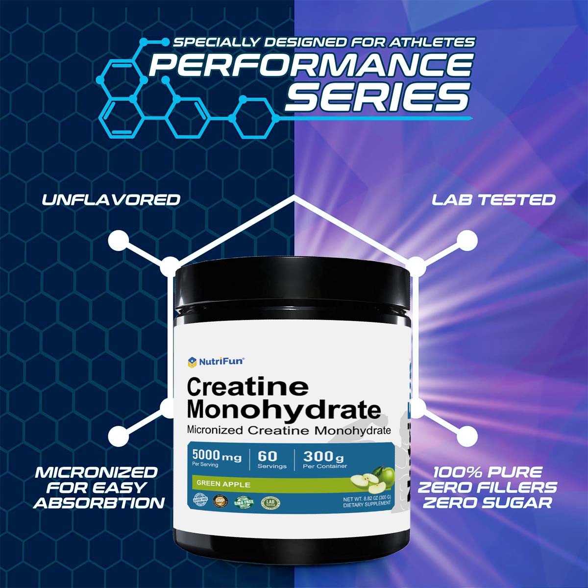 Nutrifun 100% Pure Creatine Monohydrate Powder 300 Grams 60 Servings ...