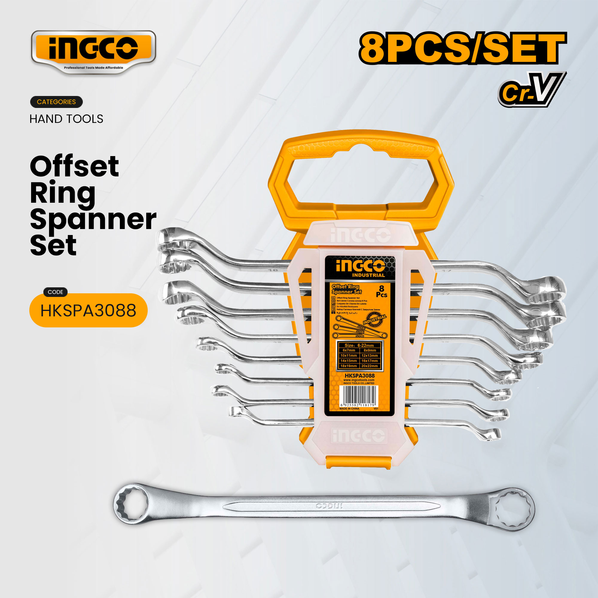 Ingco 8pcs Offset Ring Spanner Set 6-22mm Double Box-End Wrench ...