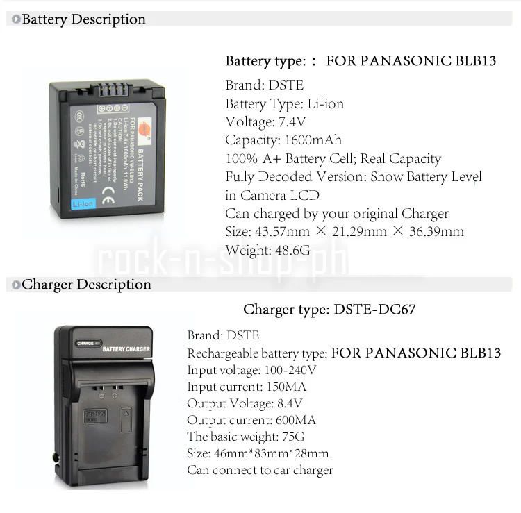 DSTE DMW-BLB13 Replacement Battery or Charger DC67 for G1 GH1 GF1 G10 G2 | Shopee Philippines
