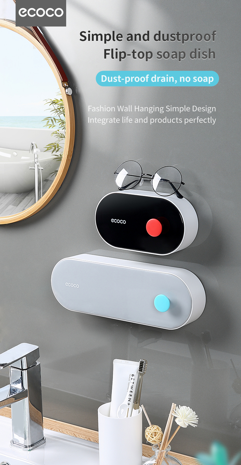 Ecoco Soap Holder Organizer Wall-mounted Flip Soap Rack with Cover Waterproof and Fast Drain 2 ...