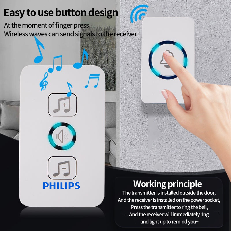 PHILIPS Wireless Doorbell Waterproof 4 Volume Levels 62 Songs Chime ...