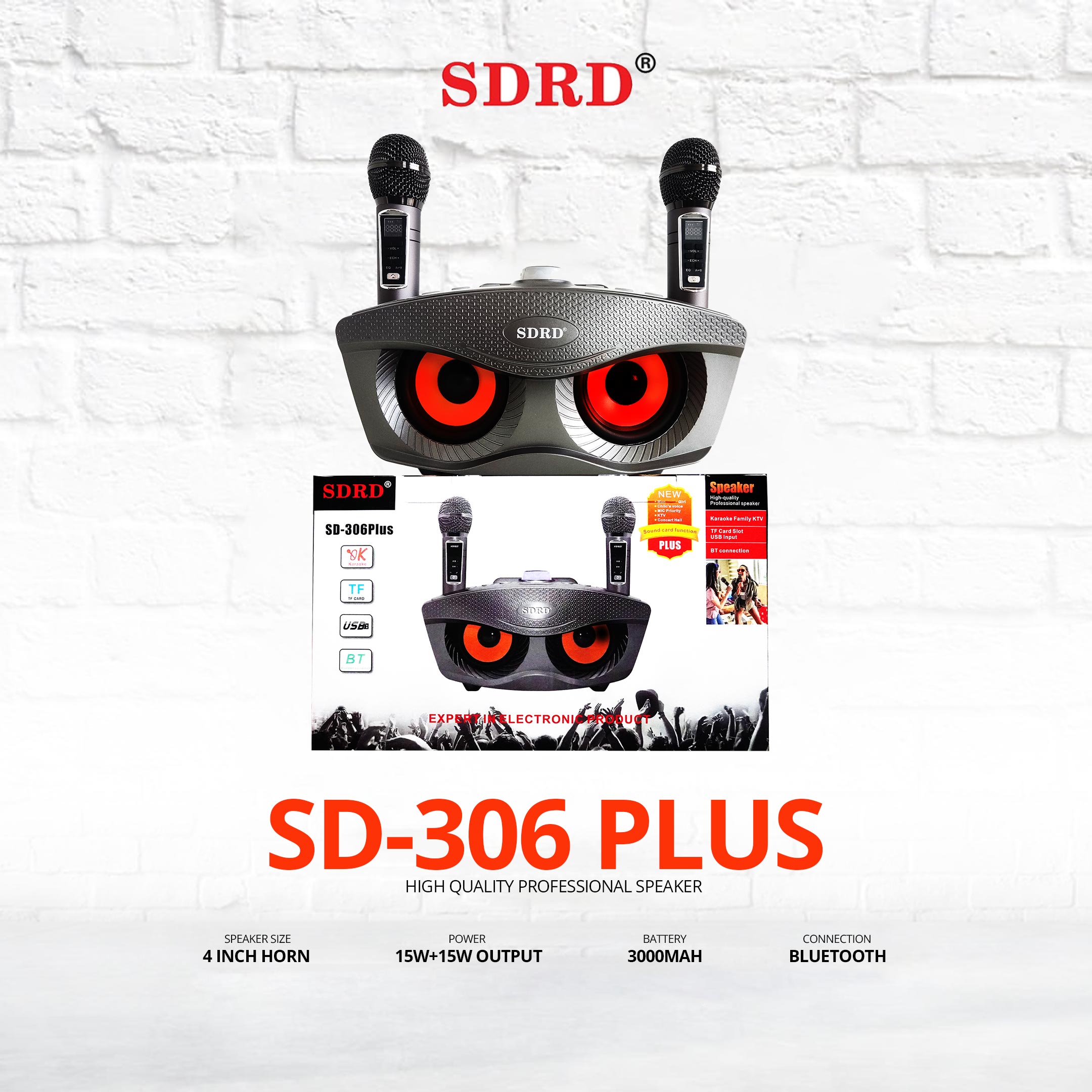 SDRD SD-306 Plus Wireless Bluetooth Dual Microphone Karaoke Speaker - Portable 3D Stereo Sound ...