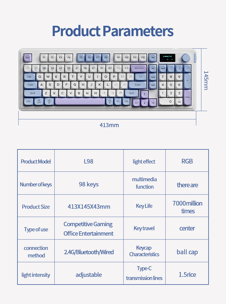 LANGTU L98 3-mode Bluetooth keyboard, high appearance level, silent office gaming membrane ...