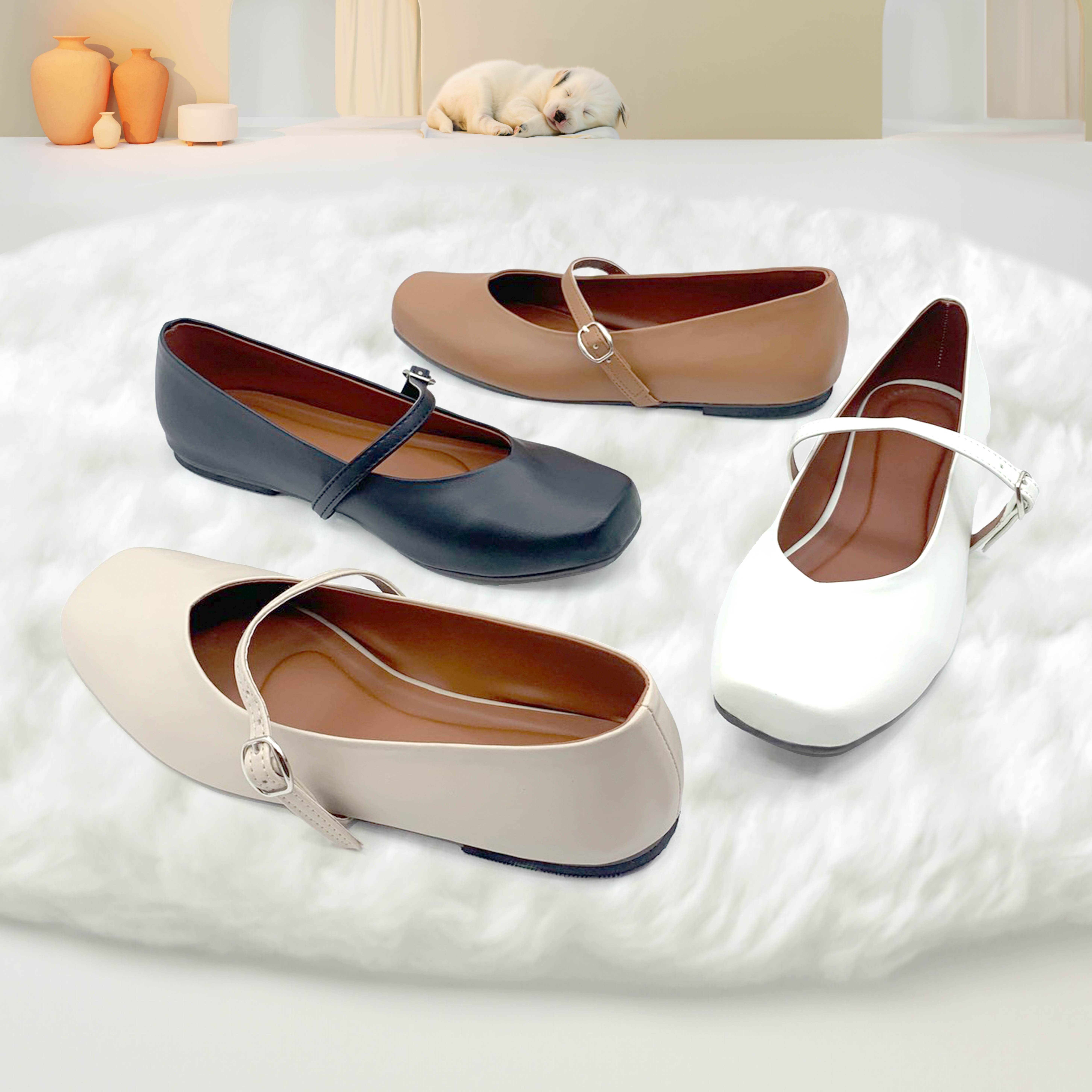 R&A436 Flat Square Toe With Single Toe Strap Plain Padded Closed Ballet ...