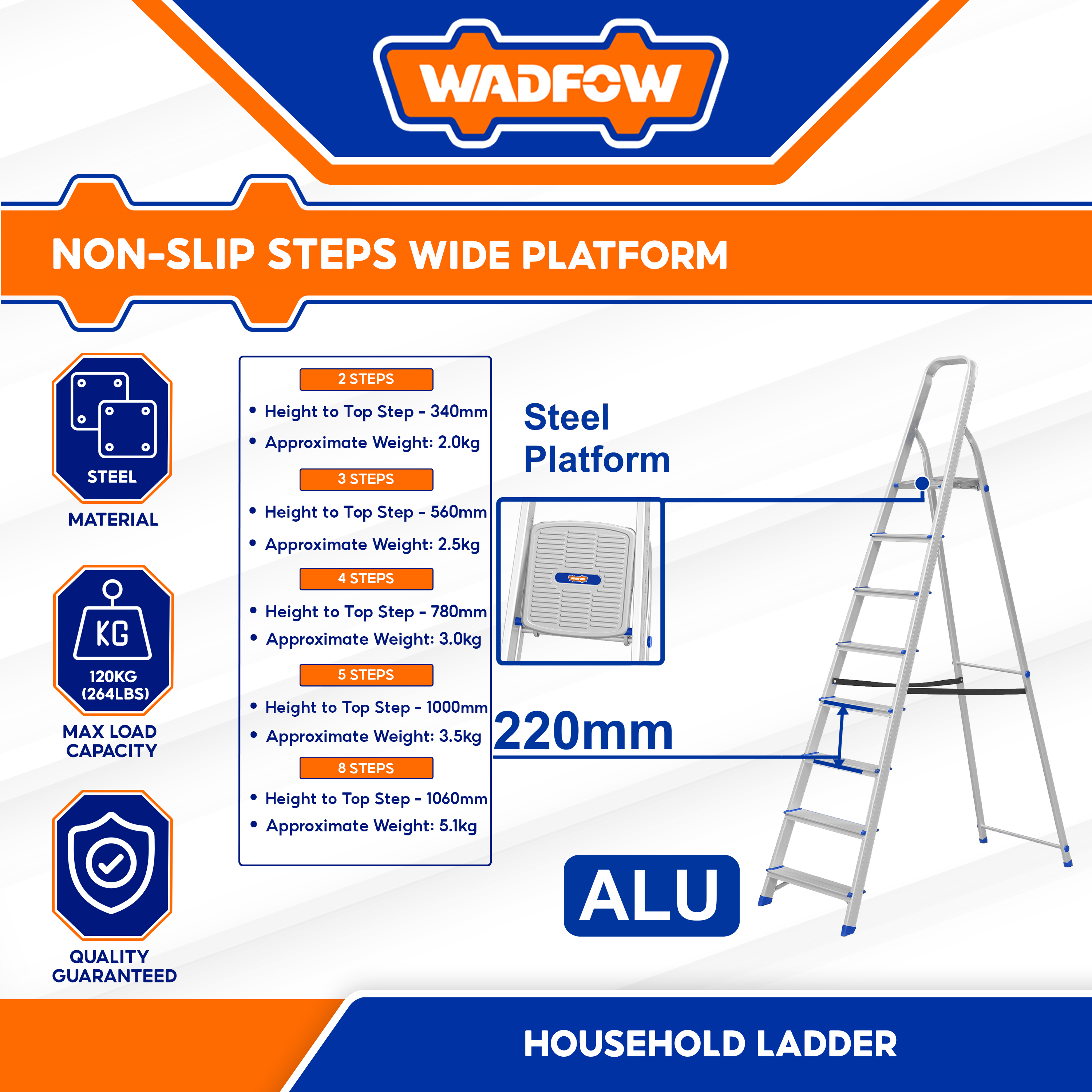 Wadfow 2-Steps to 8-Steps Aluminum & Steel Non-slip Steps with Wide ...