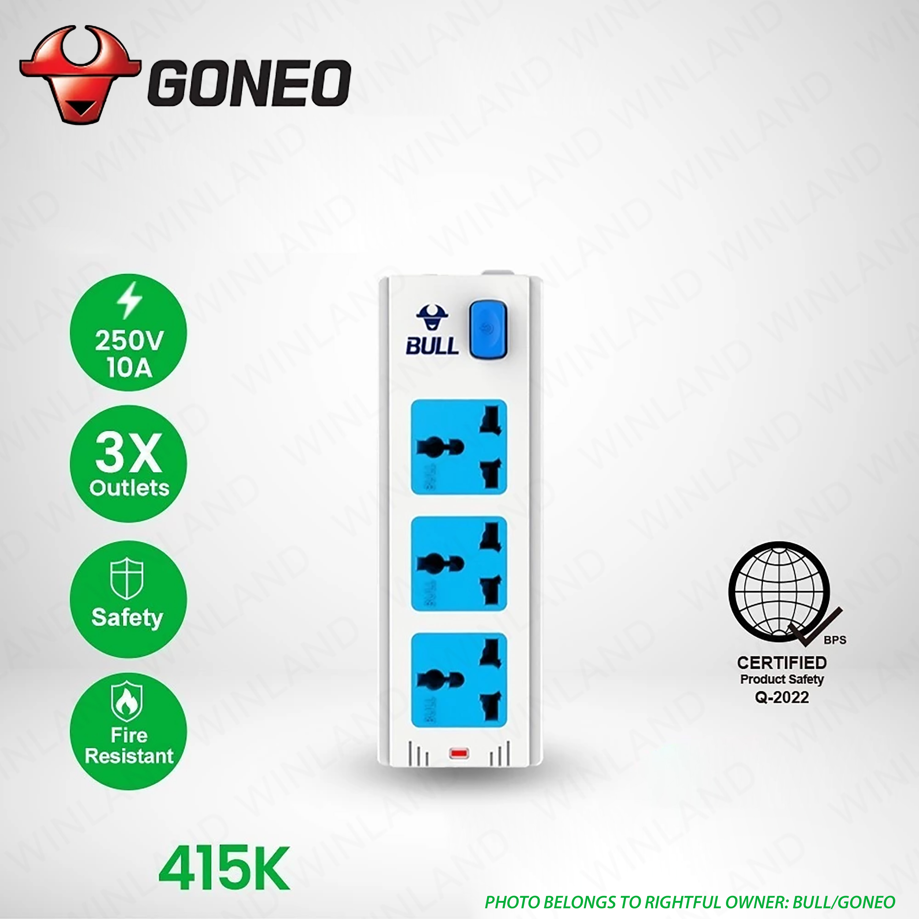 Bull/Goneo by Winland Rewireable Extension Socket 2500W/10A 3 Outlets with On/Off Switch GNIN ...