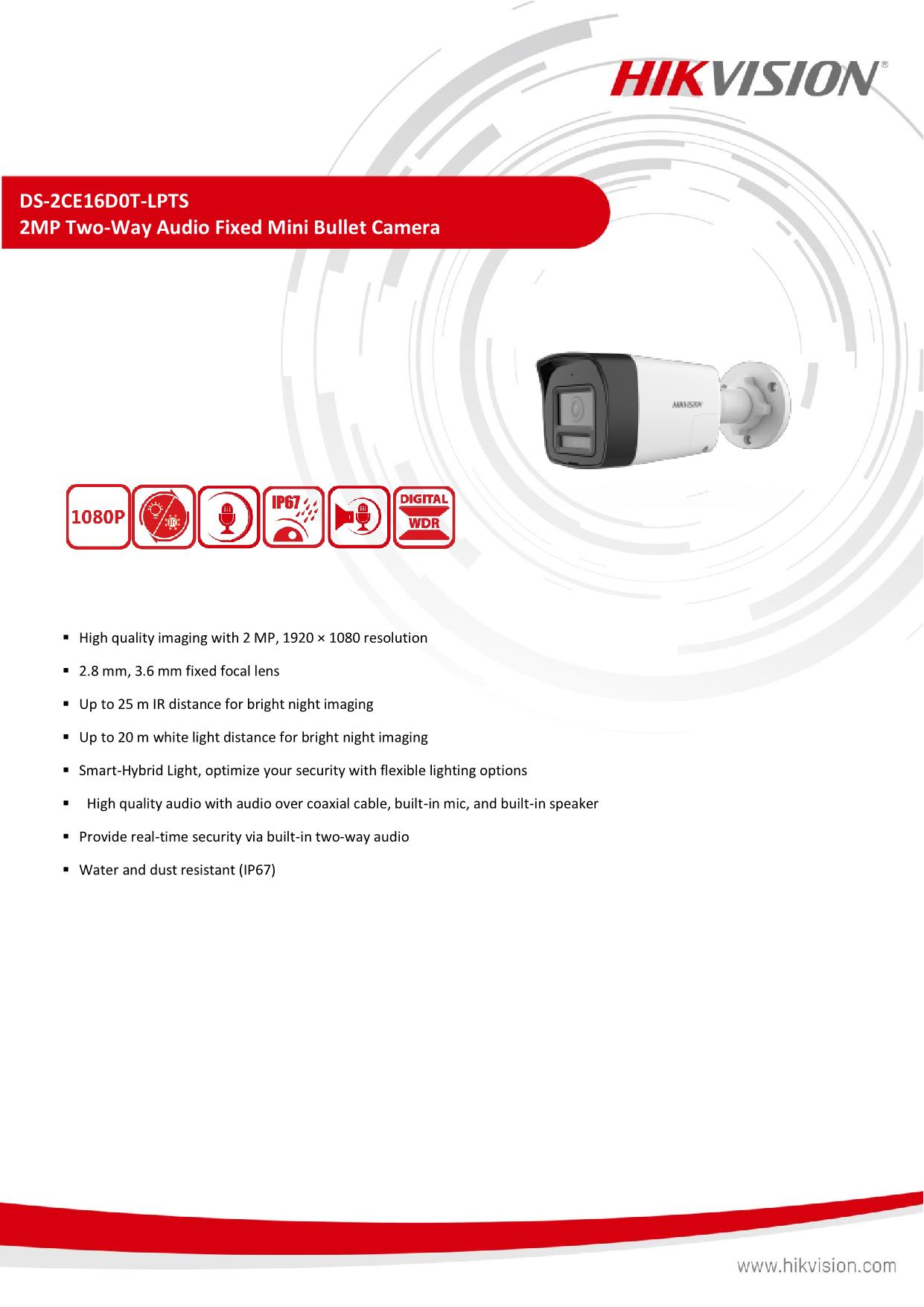 (New) HIKVISION 2MP Smart Hybrid Light Two Way Audio Bullet Analog Mic ...