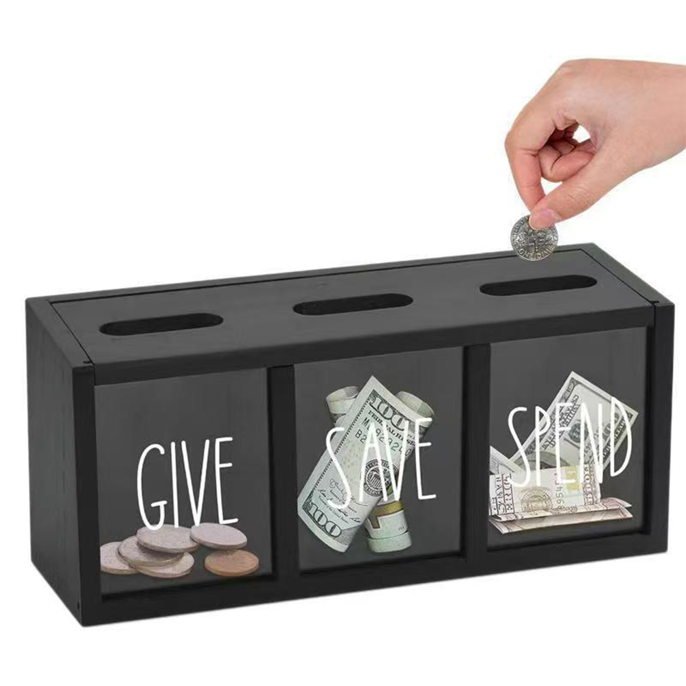 3-Grids Wooden Piggy Bank Acrylic Cash Box Wall Mounted Rectangular ...