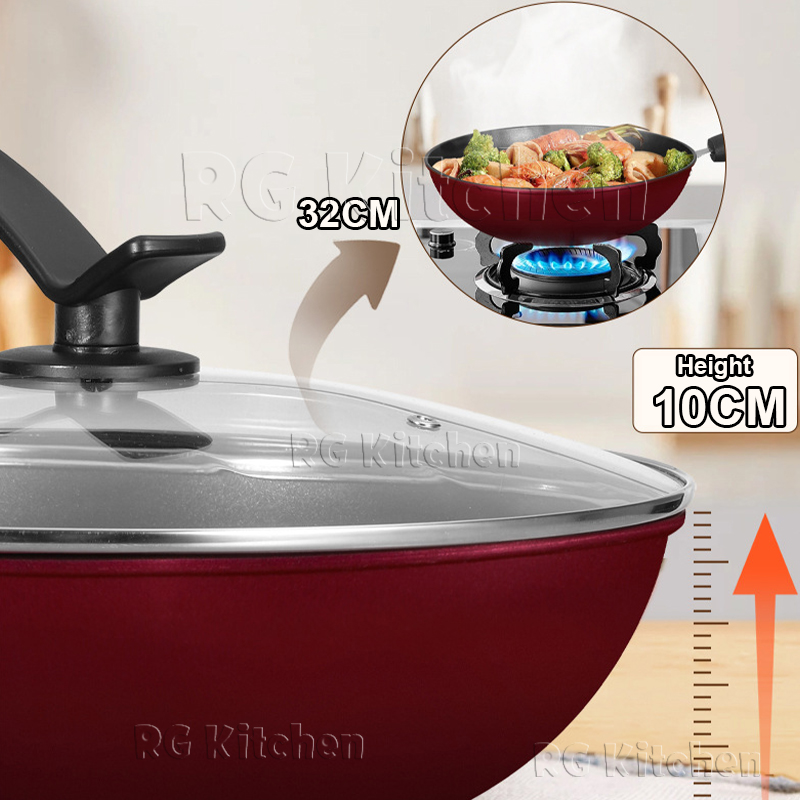 32cm Wok Non-Stick Pan Diamond Red Frying Pan Kitchen Iron Pot Gas ...