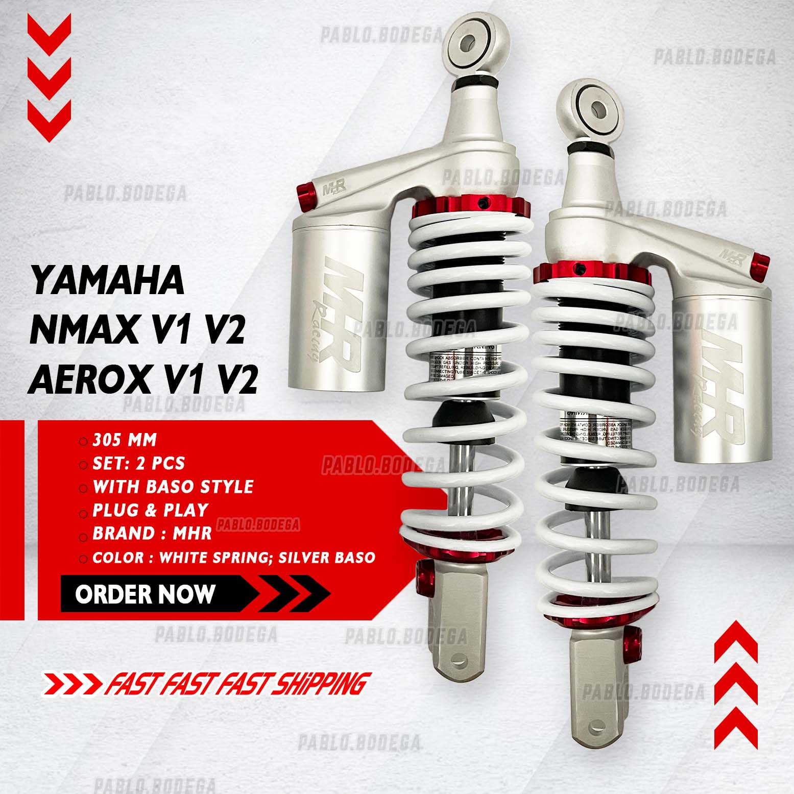 Yamaha NMAX AEROX V1 V2 Rear shock absorbers 2pcs with Baso style WHITE SILVER 305mm MHR ...