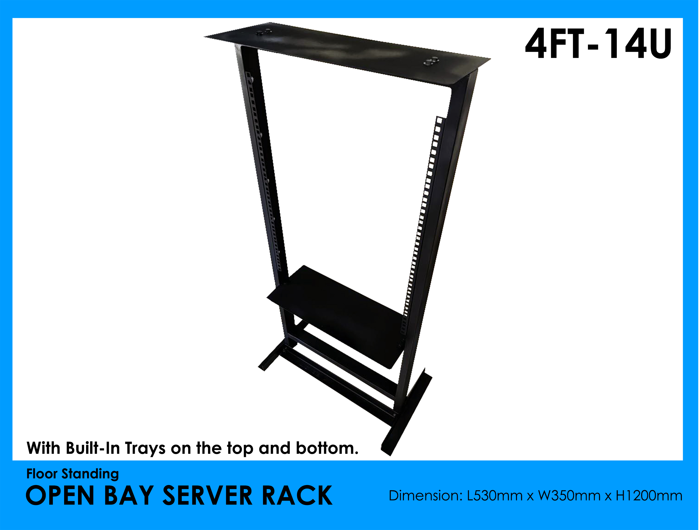 4ft Open bay server rack 14U with Built-In Tray on the top and bottom ...