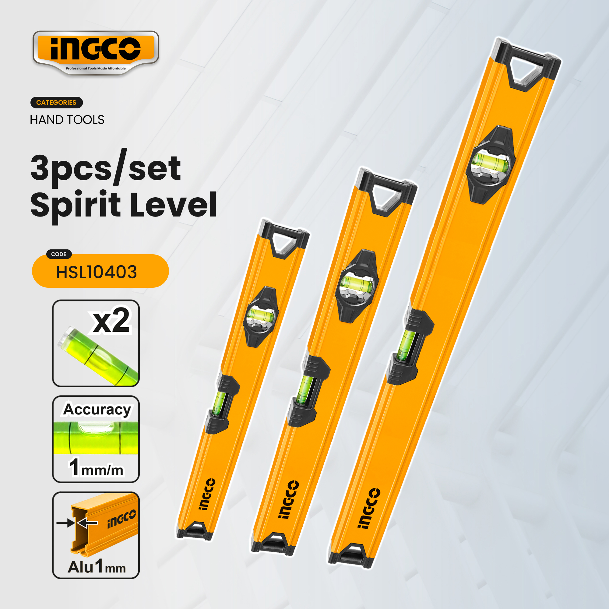 INGCO 3PCS/SET Spirit Level 40CM-100CM Leveling Tool Aluminum Spirit ...