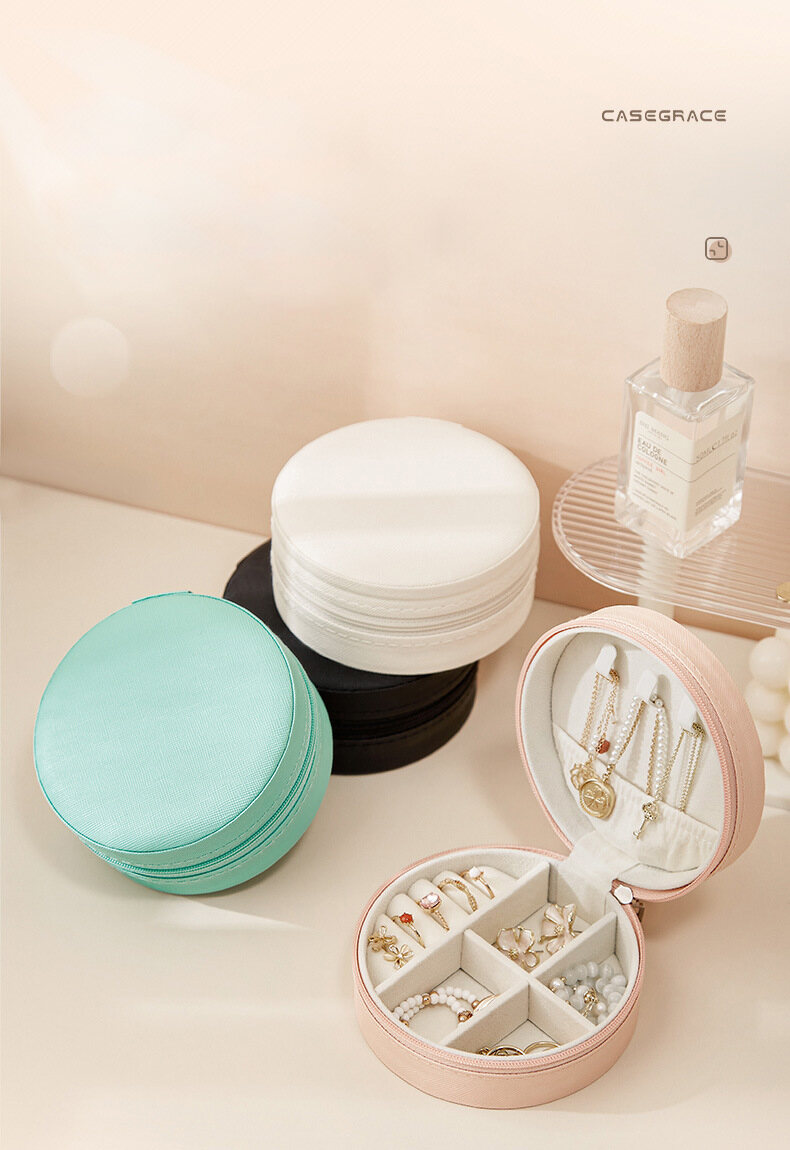 Jewelry Storage Box Portable Round Leather Zipper Earrings Necklaces ...