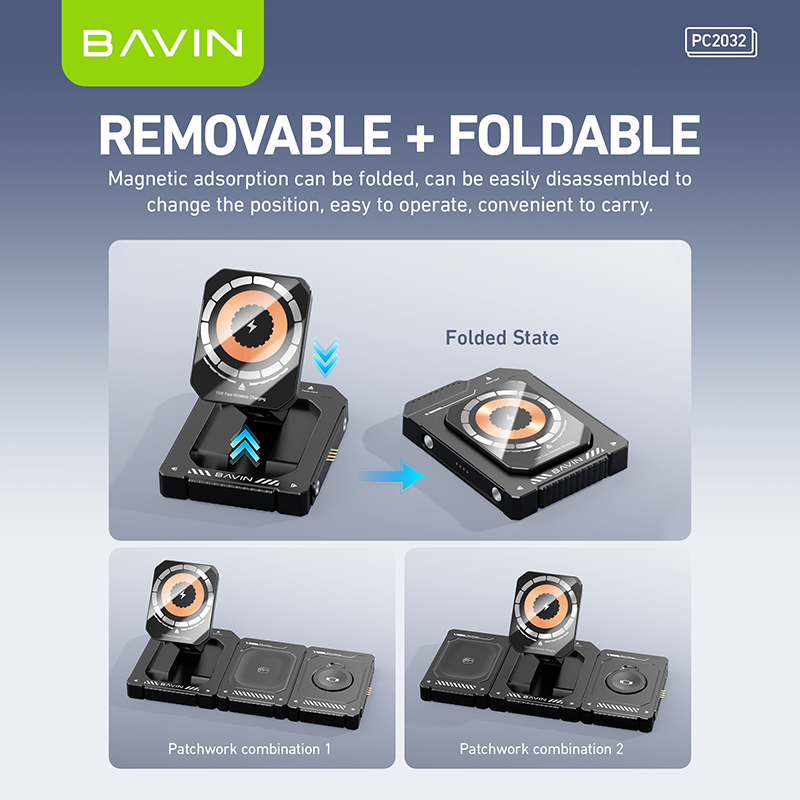 BAVIN PC2032 Removable 3in1 Wireless Magnetic Charger 15W Wireless Charging Station for iPh ...