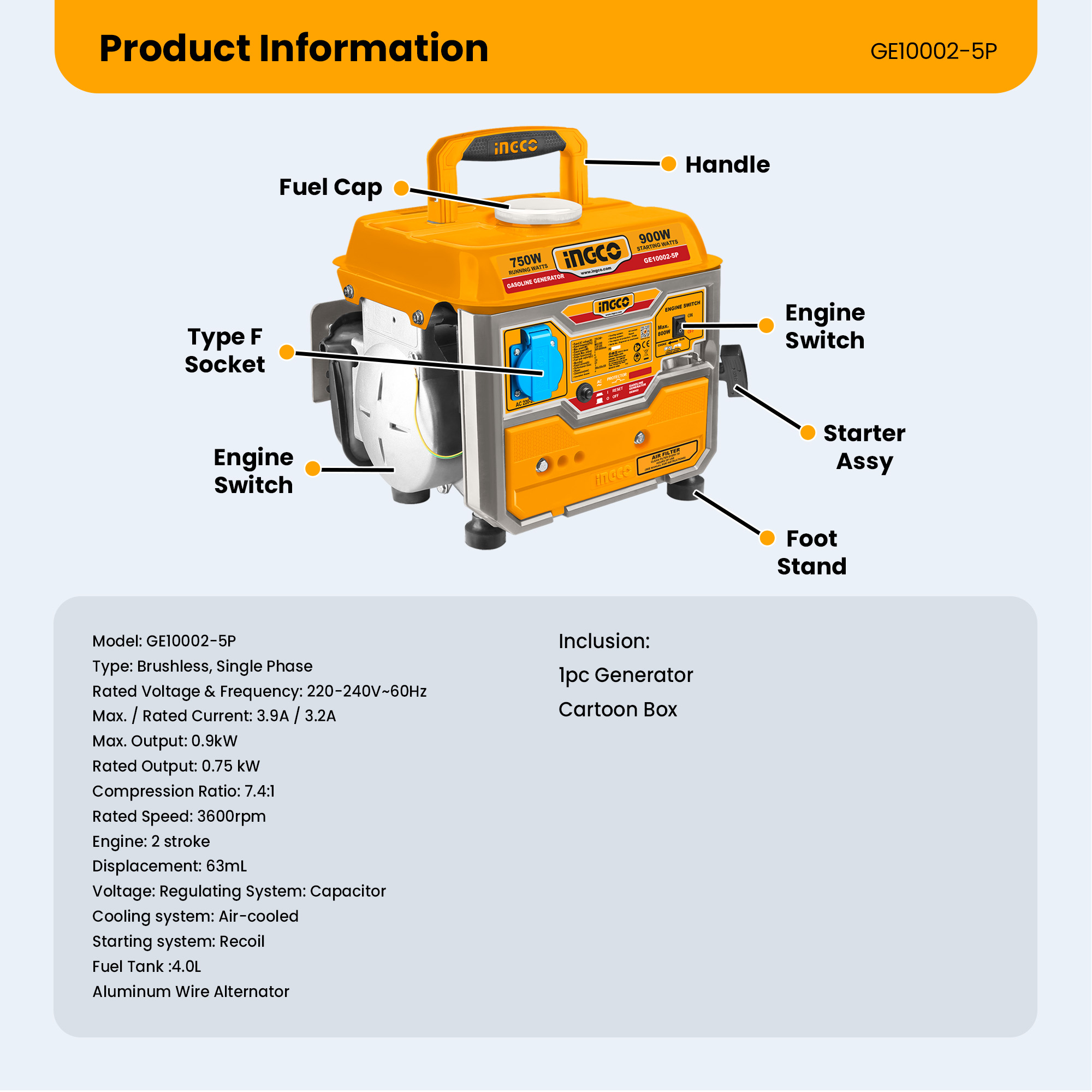 Ingco GE10002-5P Manual Portable Gasoline Generator 1Kva 2-Stroke ...