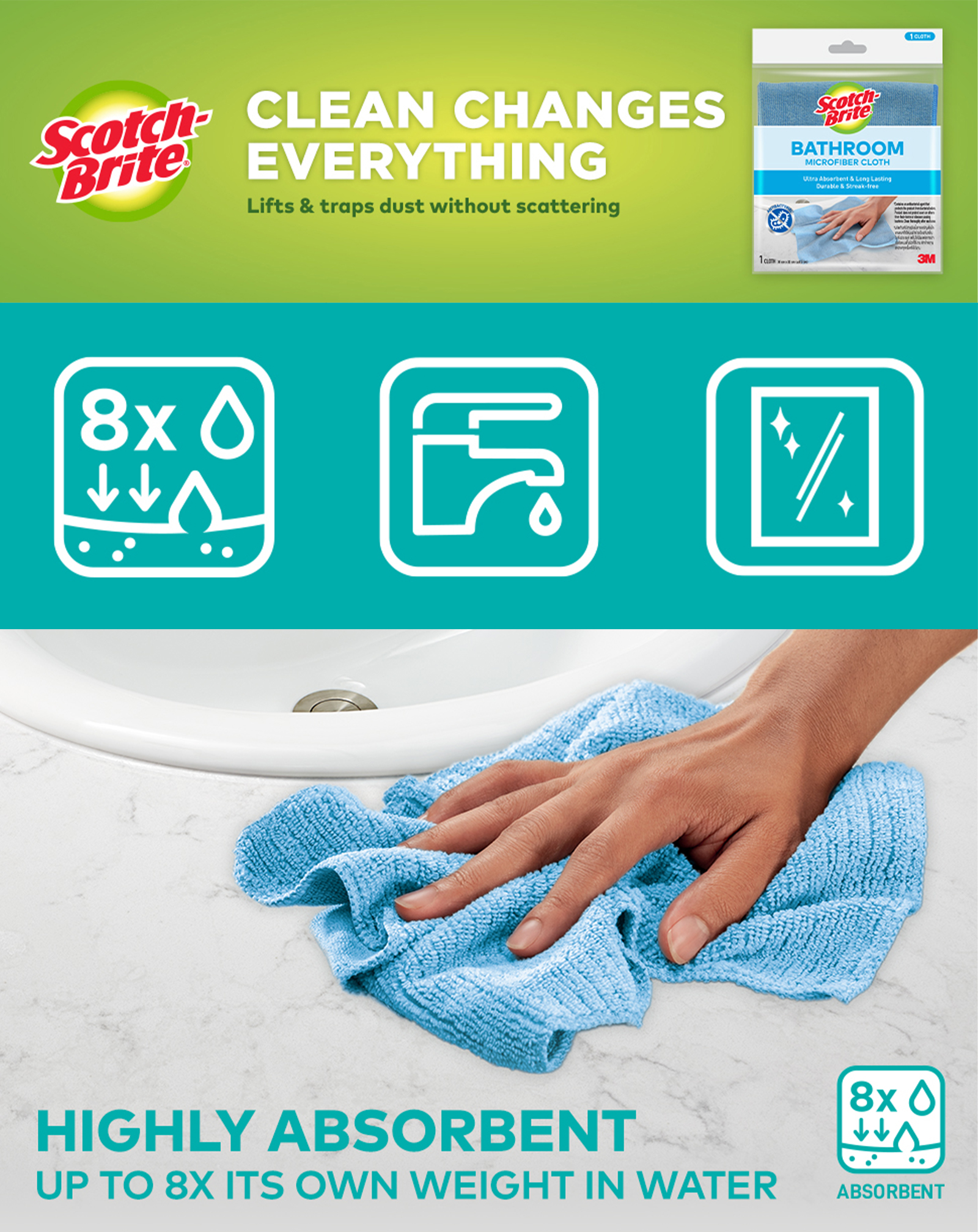 3M™ Scotch Brite® High Performance Bathroom Cloth, Traps Dust, 1 pc ...