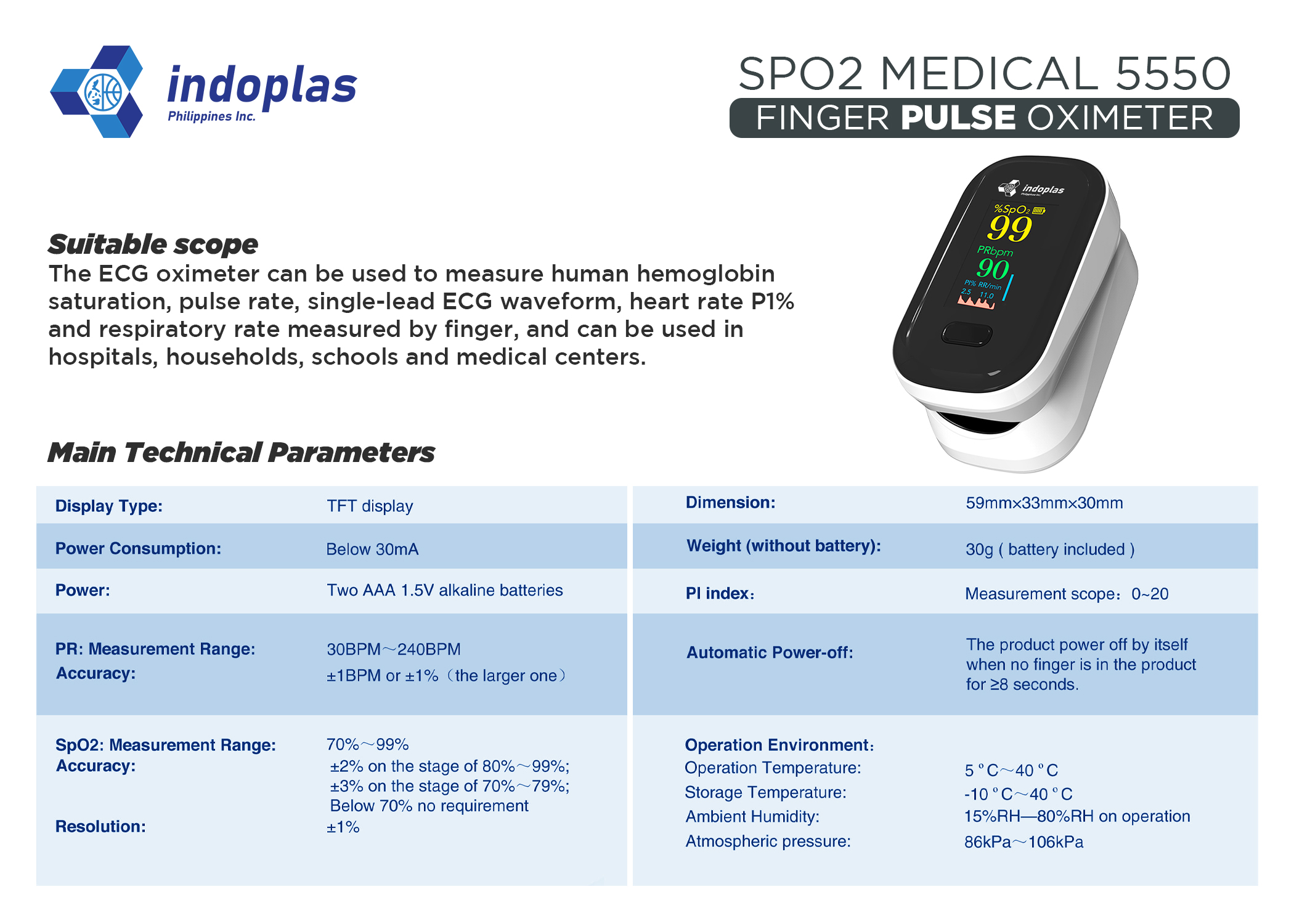 Indoplas Pulse Oximeter SPO2 Medical 5550 with Respiratory Rate FDA ...