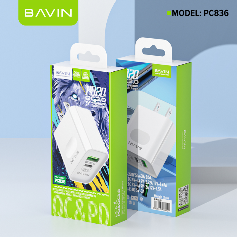 BAVIN PC836 20W Fast Charger PD+QC 3.0 Dual Port Smart Charging Adapter ...