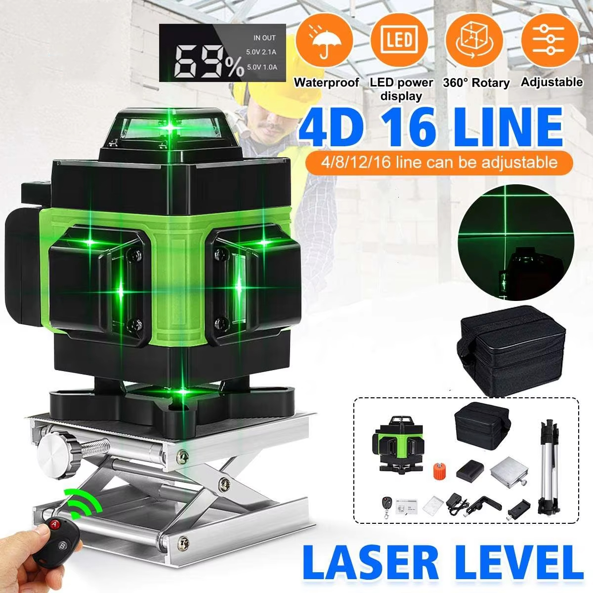4D&16 Line Laser Level Green Light Cross Self-Leveling Rotary lazer ...