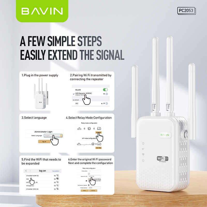 BAVIN PC2053 / PC2055 Wireless WiFi Repeater AP Signal Extender 2.4G / 5G Supports Up To ...