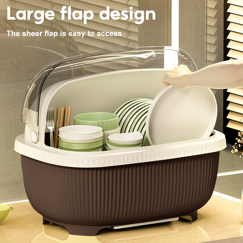 CHIT Dish Rack With Cover Plastic Plate Drainer Organizer Dustproof ...
