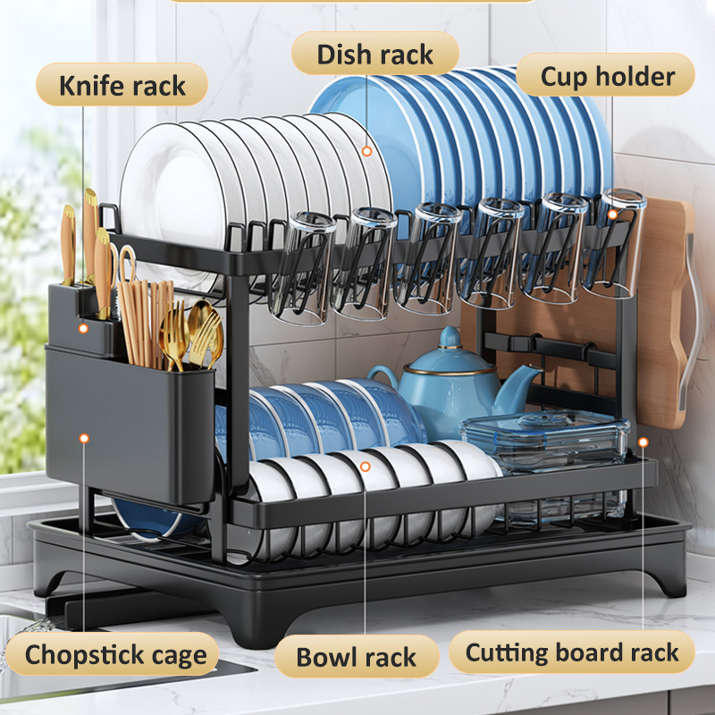 2 Tiers Dish Drying Rack Plate Drainer Rack Metal Kitchen Organizer ...