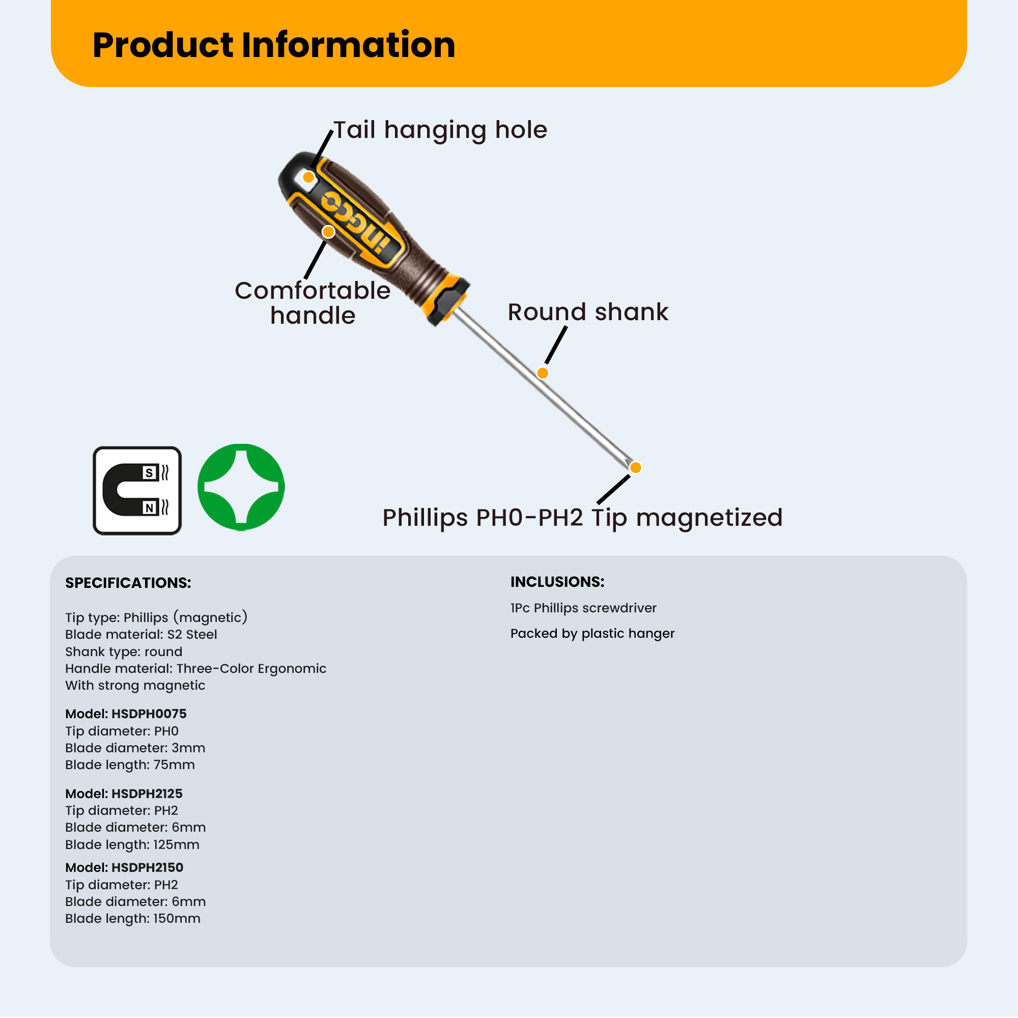 Ingco Phillips Screwdriver 75mm | 125mm | 150mm Crosshead Magnetic Tip ...