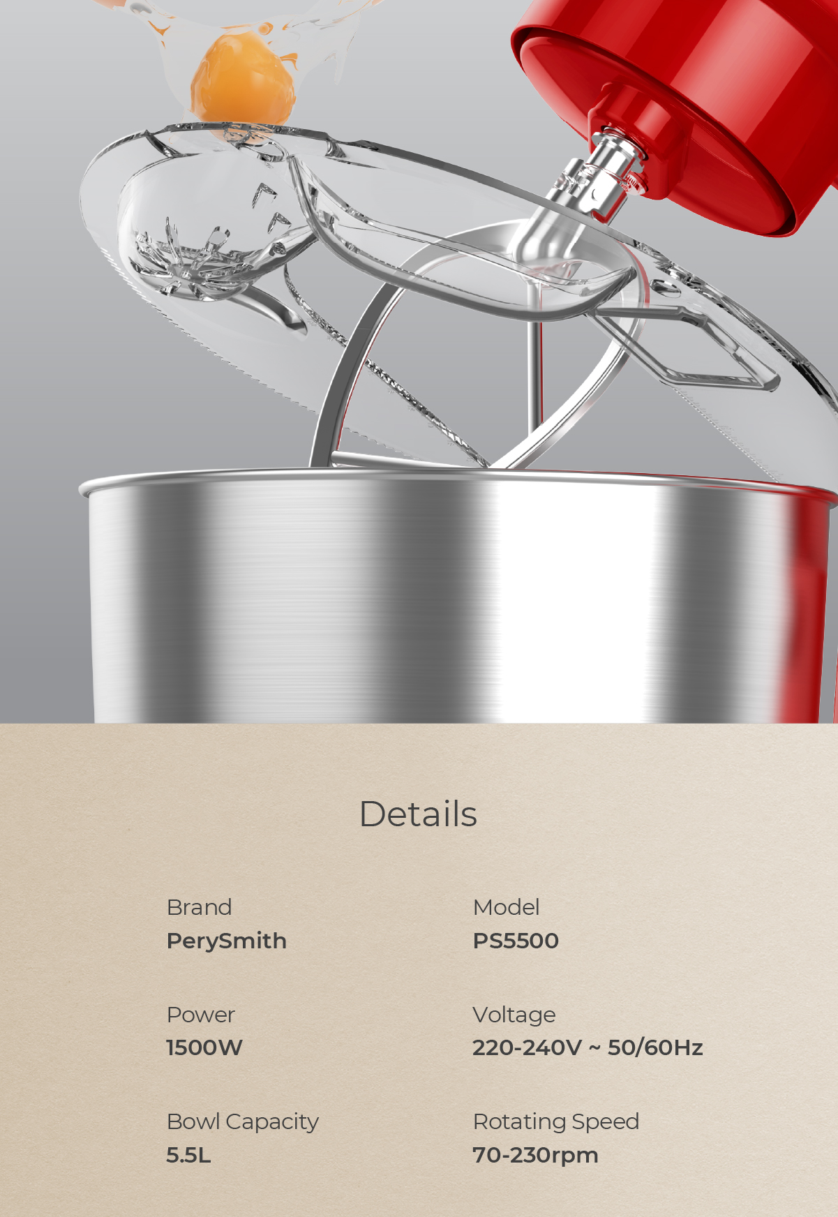 Perysmith PS5500 II 5.5L Electric Stand Mixer for Baking with Bowl and ...