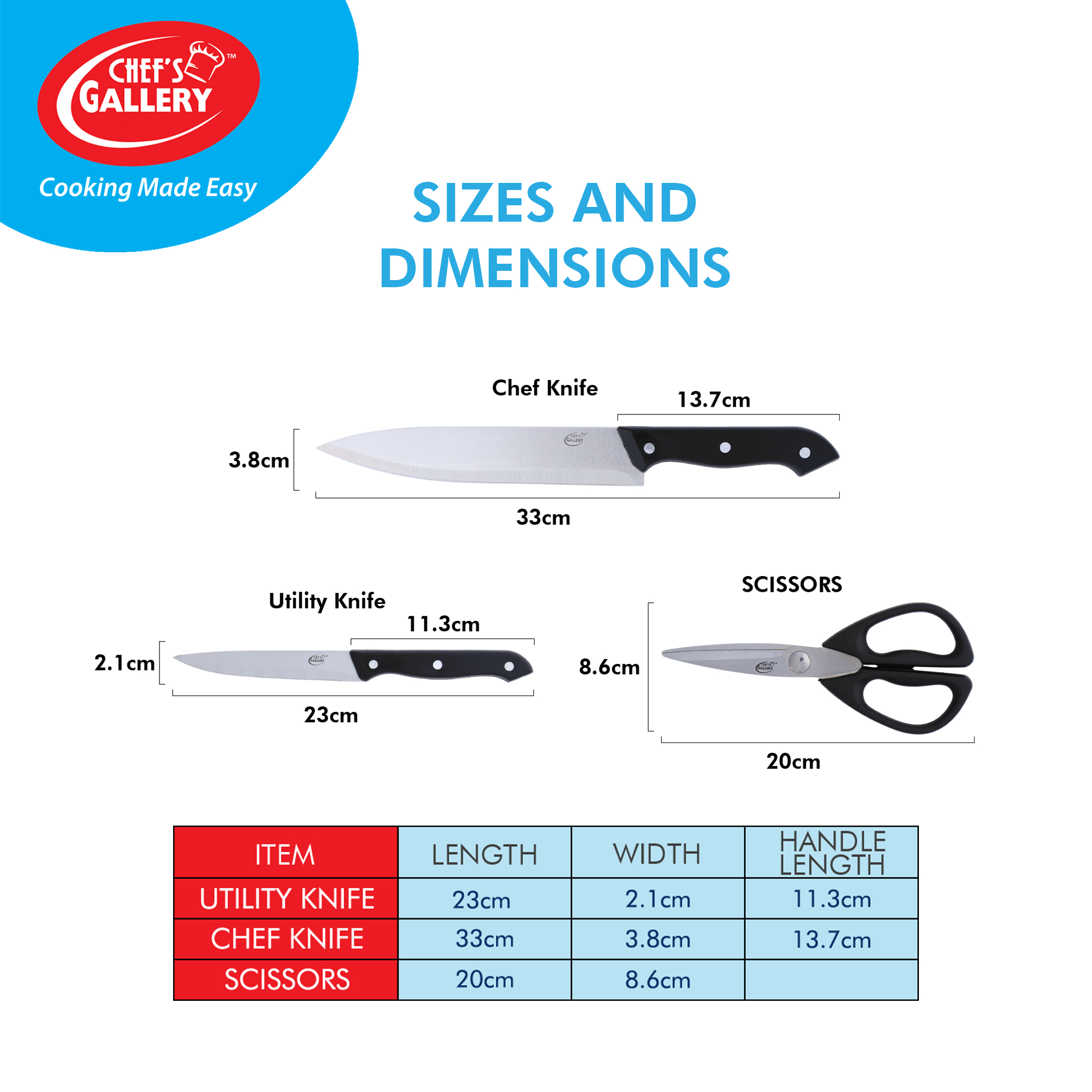 Chef's Gallery 3-Piece Knife Set | Utility Knife 4 1/2", Chef Knife 8 ...