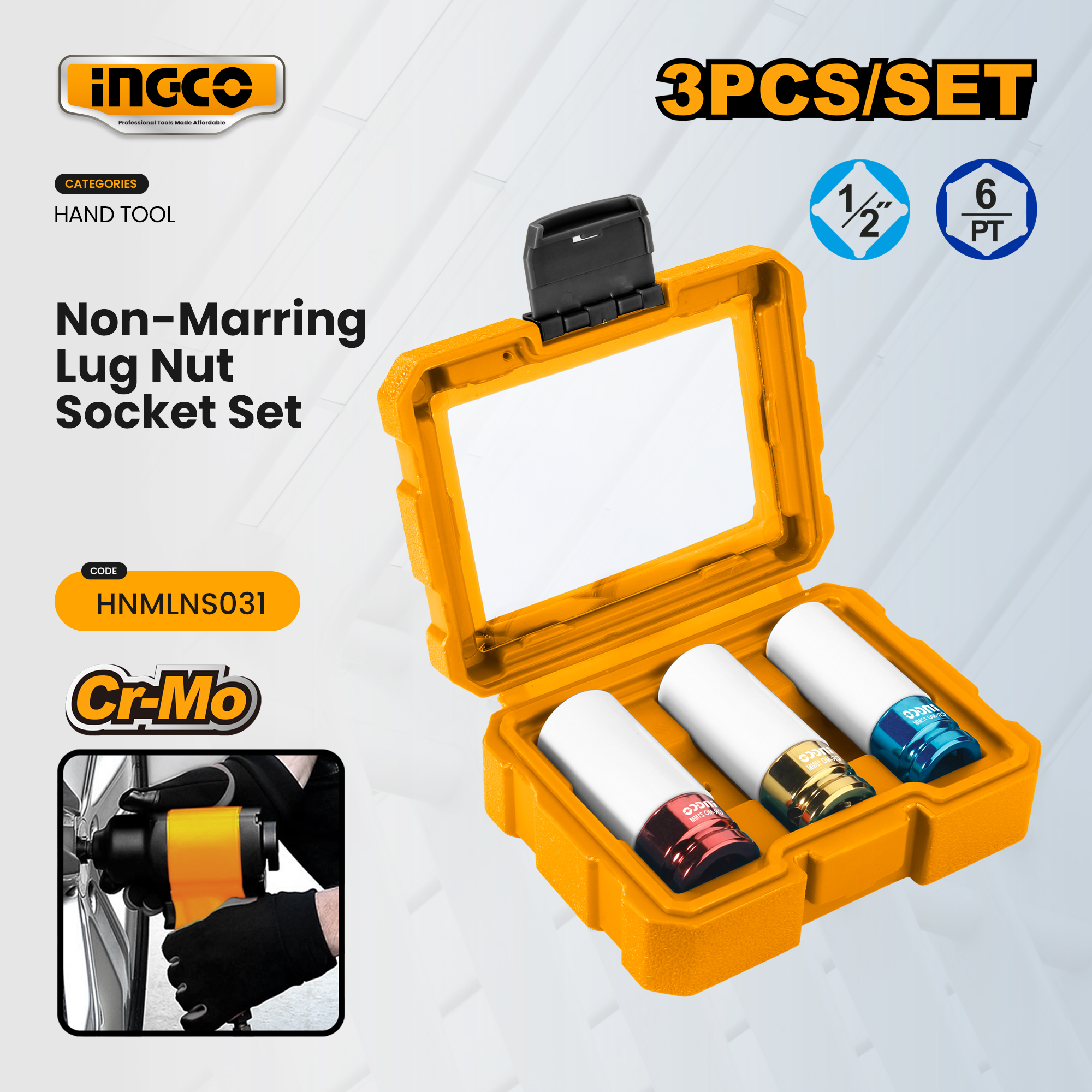 Ingco 3pcs Non-Marring Lug Nut Socket Set 1/2-Inch HNMLNS031 IHT ...