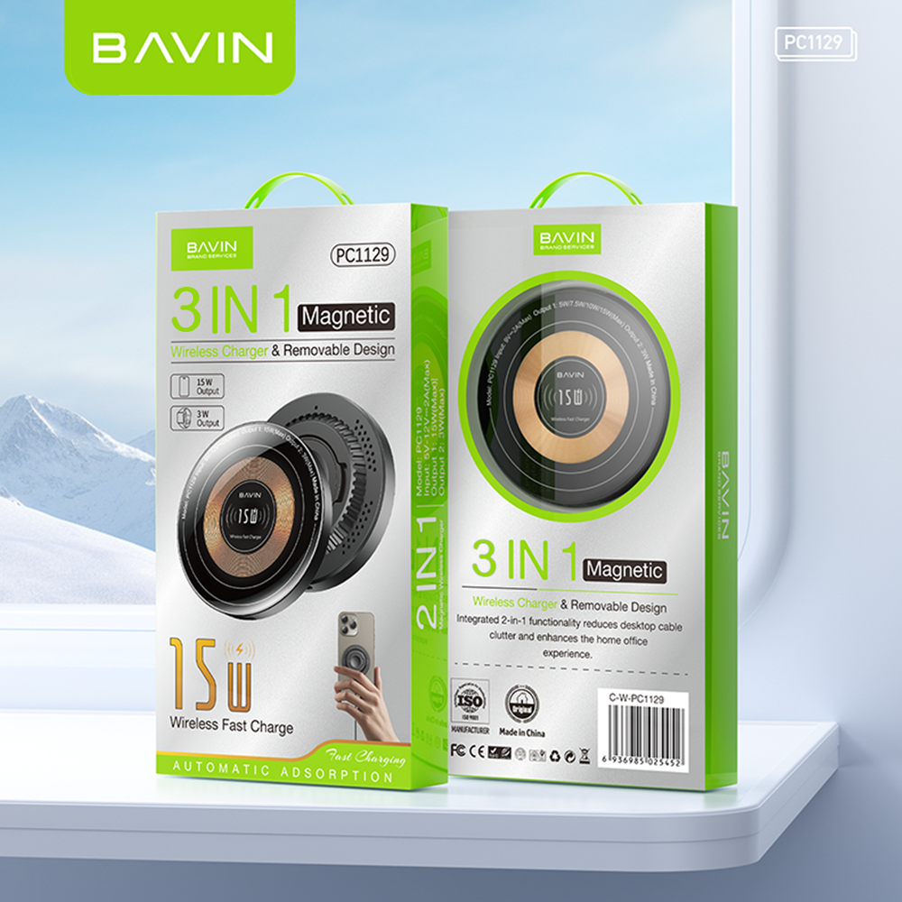 BAVIN PC1129 3 in 1 Fast Charging Magnetic Qi Wireless Charger w/ 15W Devices & 3W for ...