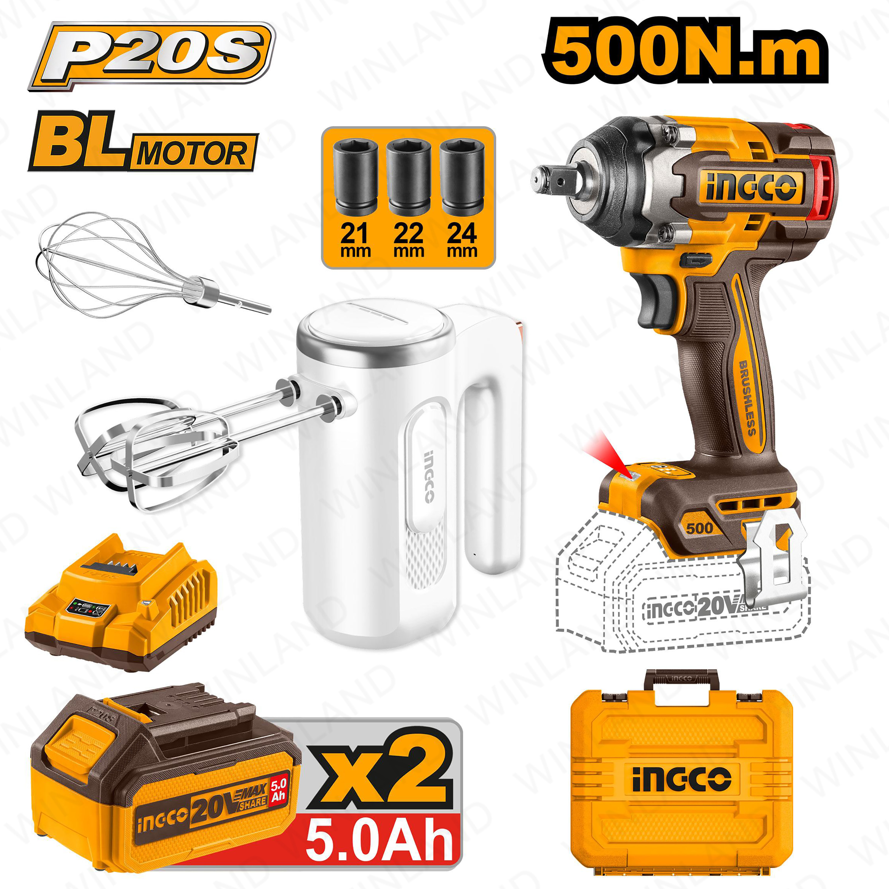 Ingco by Winland P20S/20V 2PCS Combo Kit with Lithium-Ion Cordless ...
