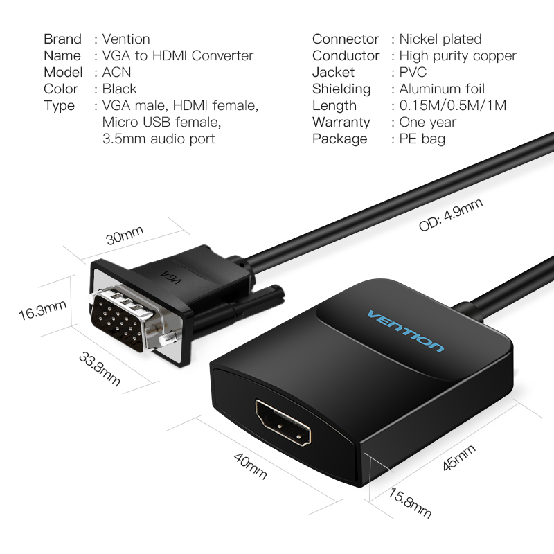 Vention ACN VGA To HDMI Converter 1080P Projector Digital For PC Laptop ...