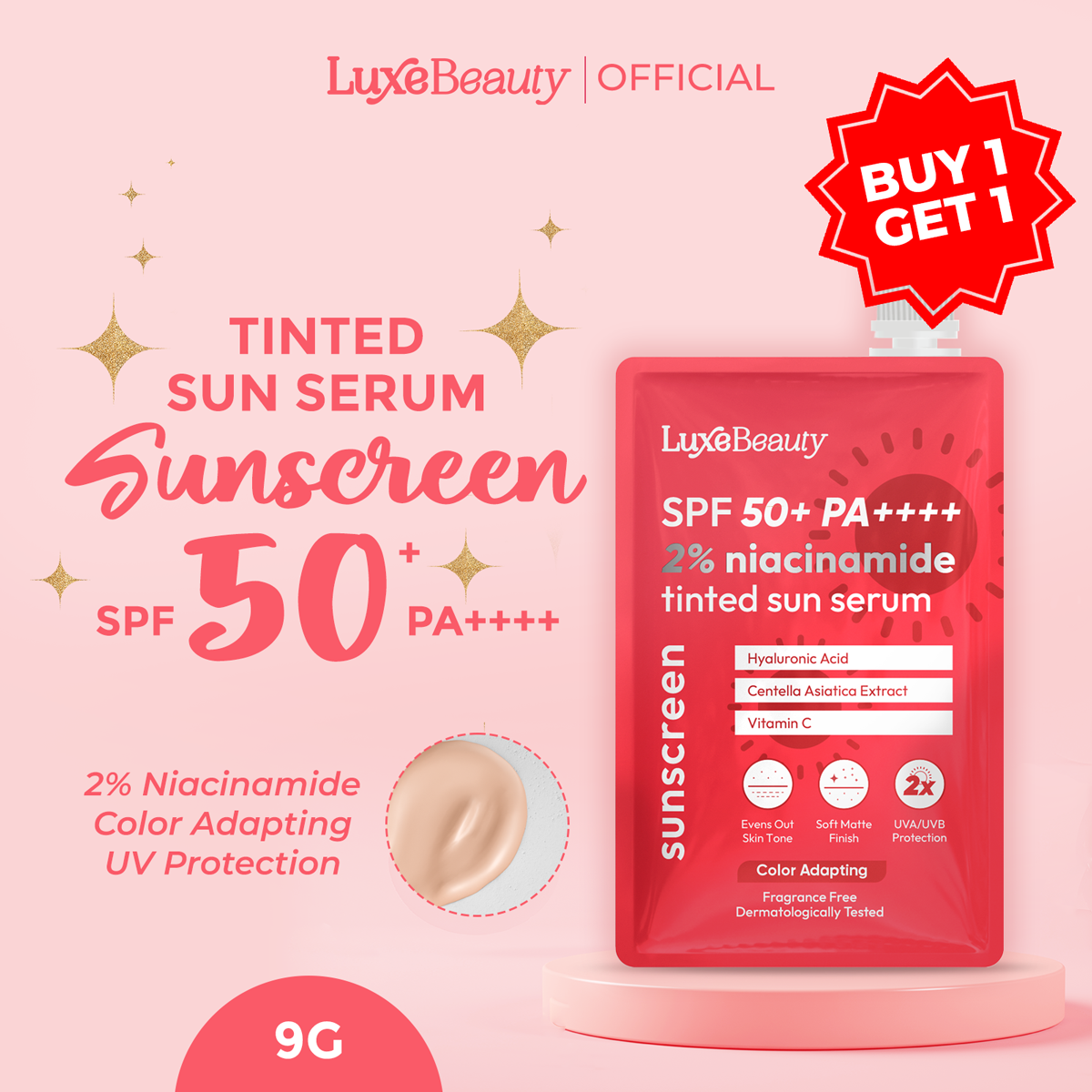 Luxe Beauty BUY 1 GET 1 SPF 50+ PA++++ 2% Niacinamide Tinted Sun Serum Sunscreen 9ml | Shopee ...
