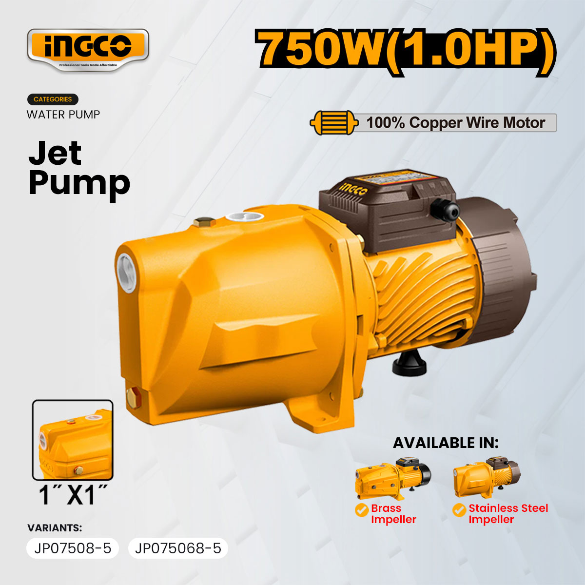 Ingco 750W (1HP) Self-Priming Jet Pump Stainless / Brass Impeller Water ...