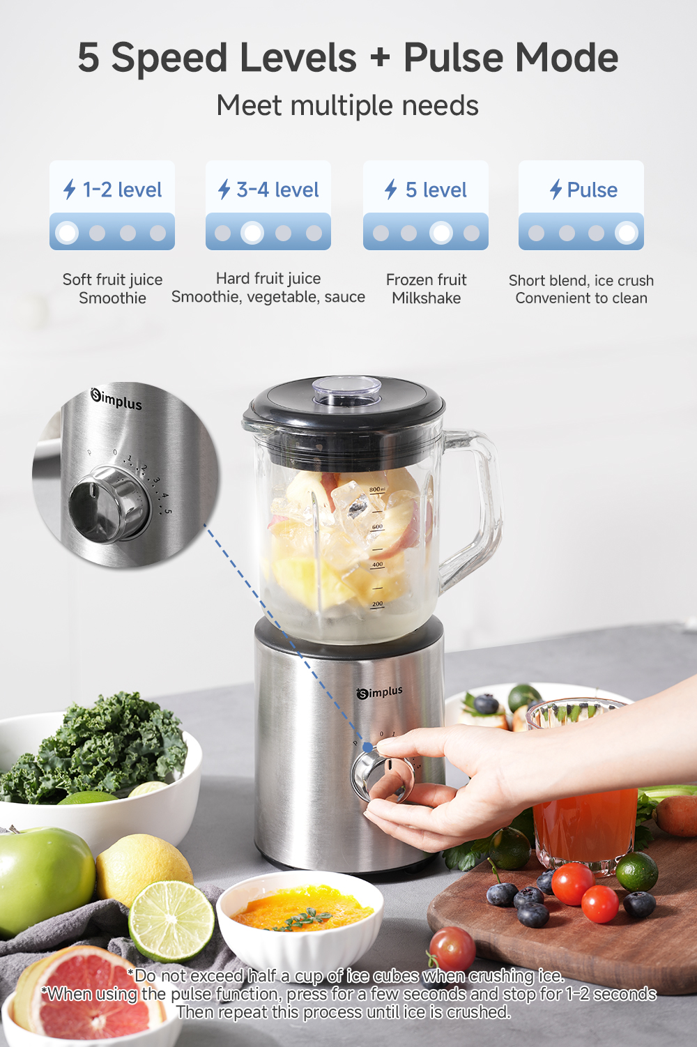 Simplus Smoothie Blender Juicer 5-Speed + Pulsing Option Blender for ...