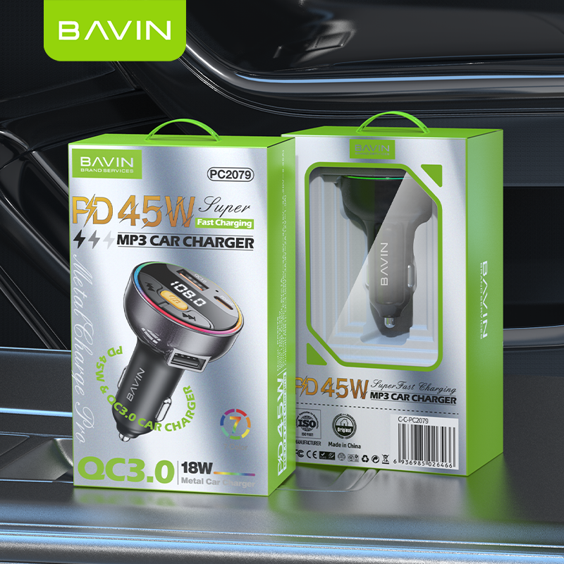 BAVIN PC2079 45W PD + QC 3.0 Ultra-Fast MP3 Car Charger w/ 7-Color RGB ...