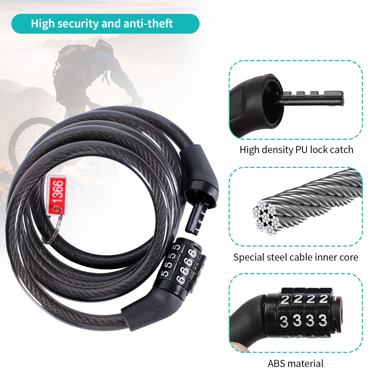 4 Digits Bike Lock, Heavy Duty Anti Theft Bike Locks, Combination Lock ...